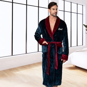 Personalized Men's Plush Shawl Robes Luxury Custom Embroidered Fleece ...