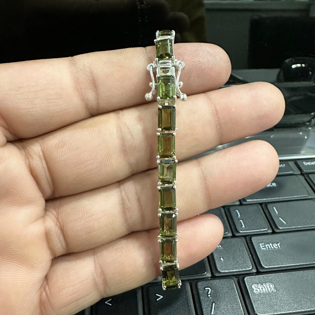 Natural Cut Moldavite Gemstone Tennis Bracelet in Sterling Silver ...