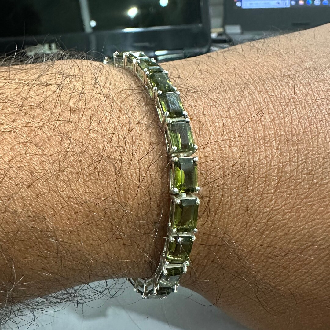 Natural Cut Moldavite Gemstone Tennis Bracelet in Sterling Silver ...