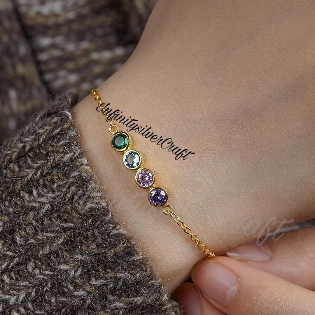 14K Gold Round Birthstone Bracelets, Custom Made Family Birthstone ...