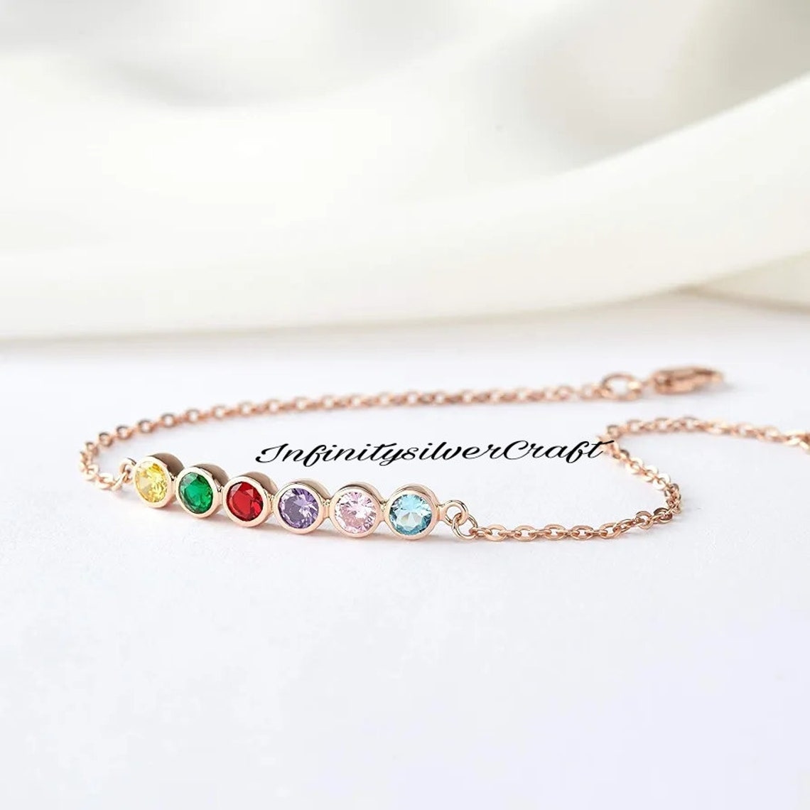 14K Gold Round Birthstone Bracelets, Custom Made Family Birthstone ...