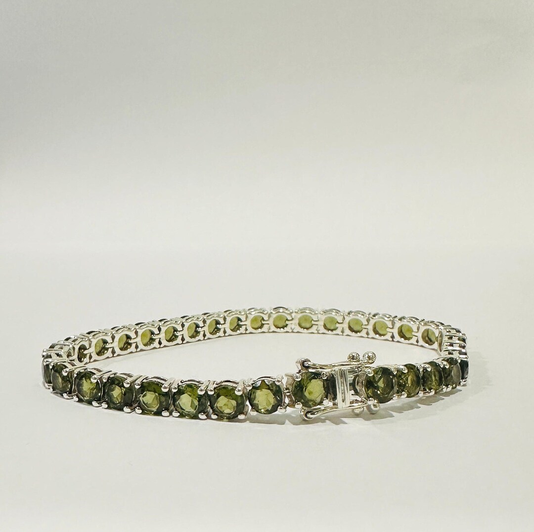 Natural Cut Moldavite Gemstone Tennis Bracelet in Sterling Silver Round ...