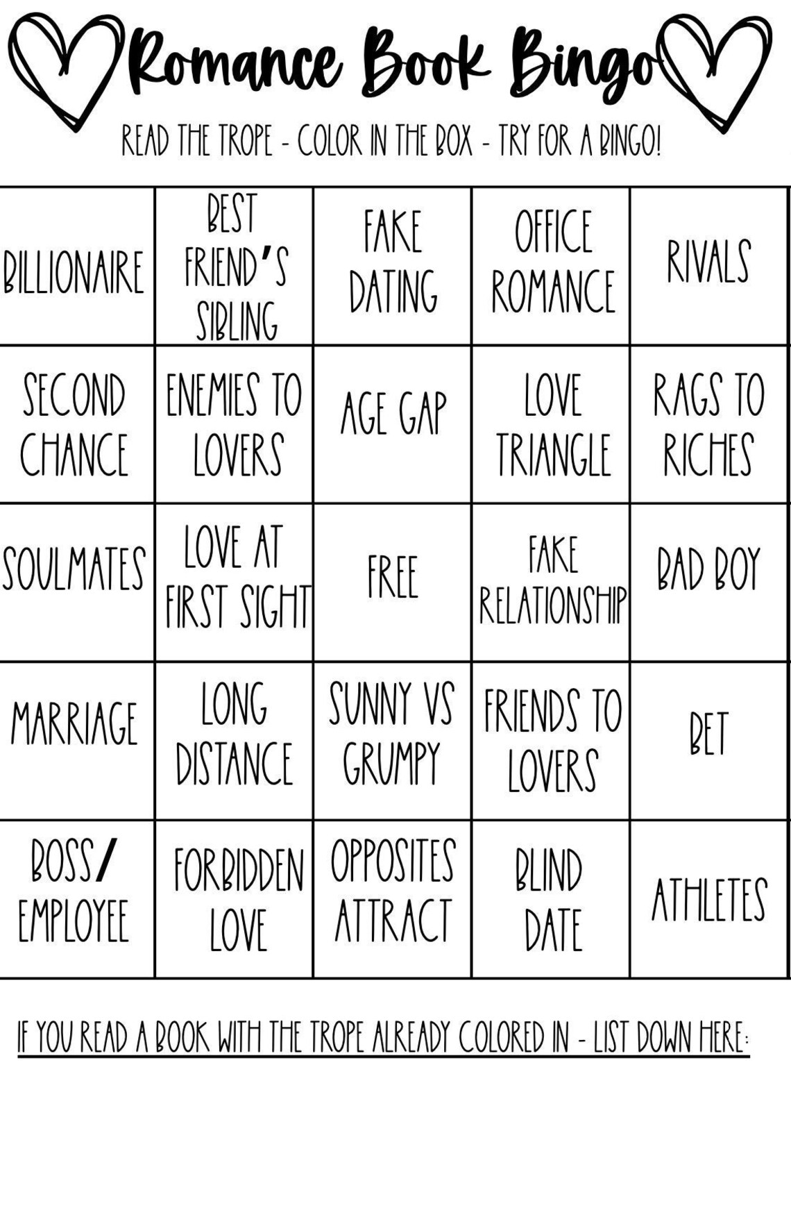 Romance Book Bingo - Book Bingo - Etsy