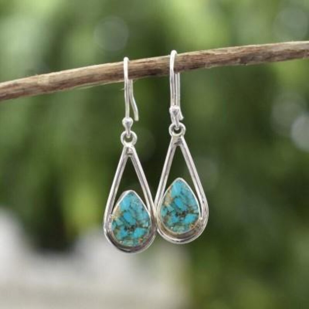 Sterling Silver Dangly Turquoise Teardrop Earrings Kingman Turquoise Earrings Pear Turquoise ...