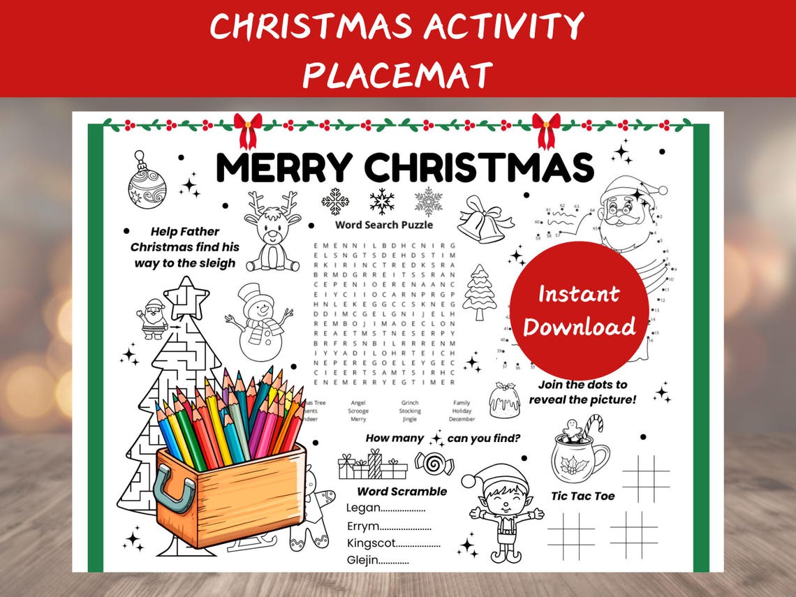 Christmas Activity Placemat, Christmas Colouring Page, Christmas ...