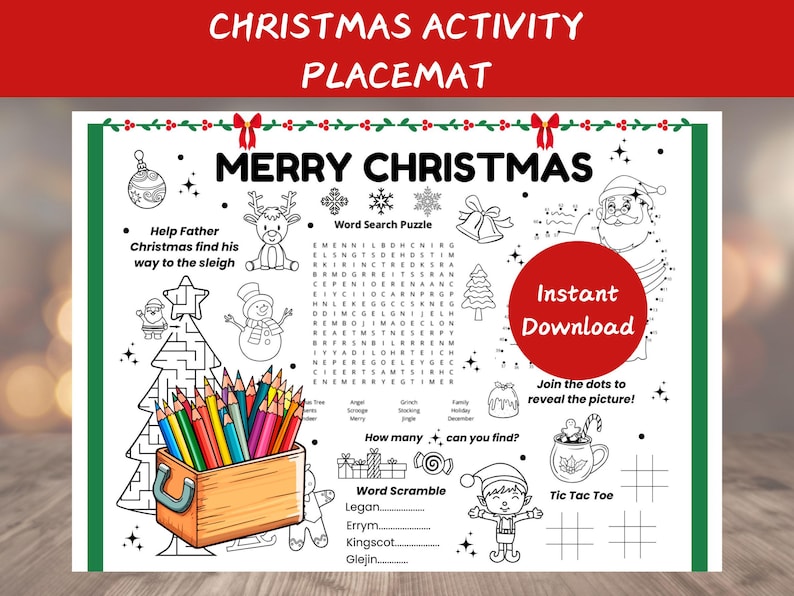 Christmas Activity Placemat, Christmas Colouring Page, Christmas ...