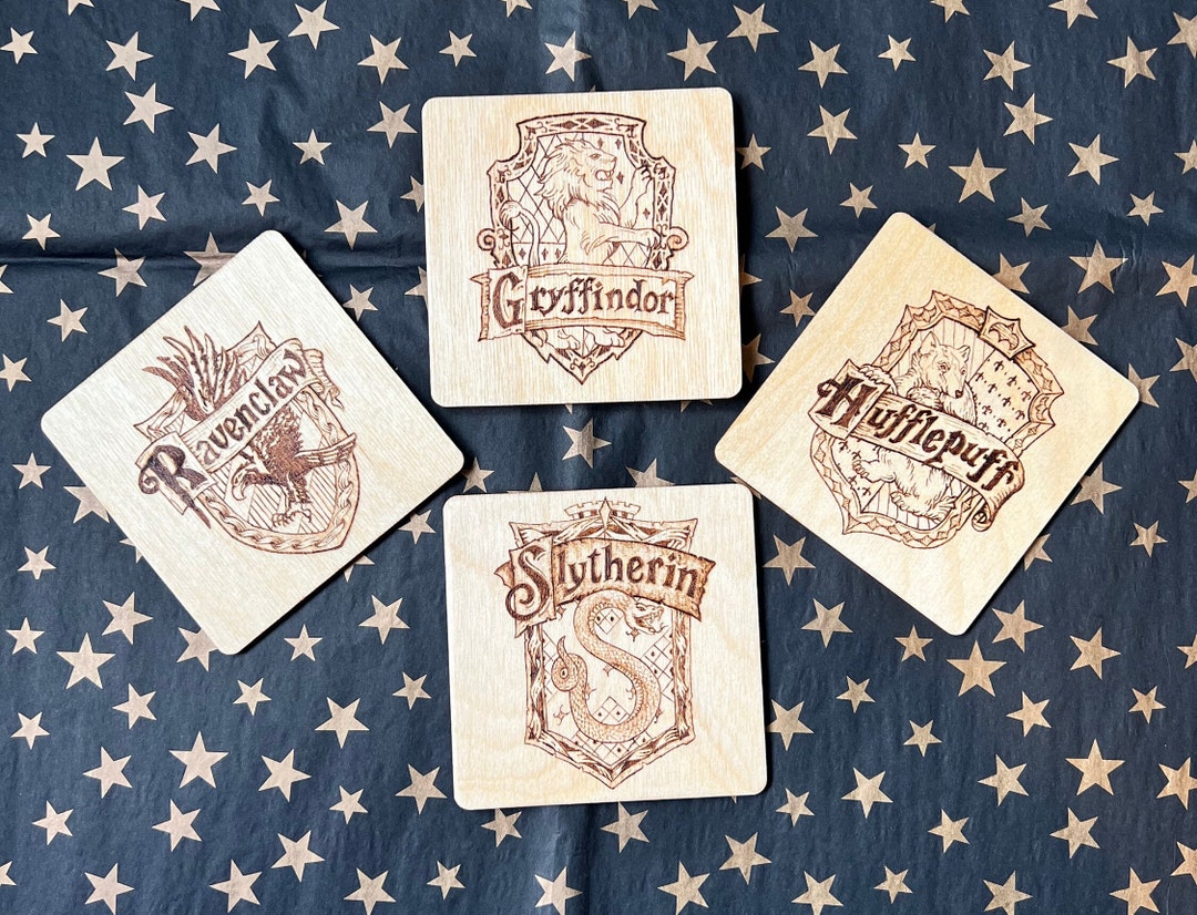 Hogwarts House Crests Unofficial Set of 4 Hand Burned Coasters, Gryffindor, Ravenclaw ...