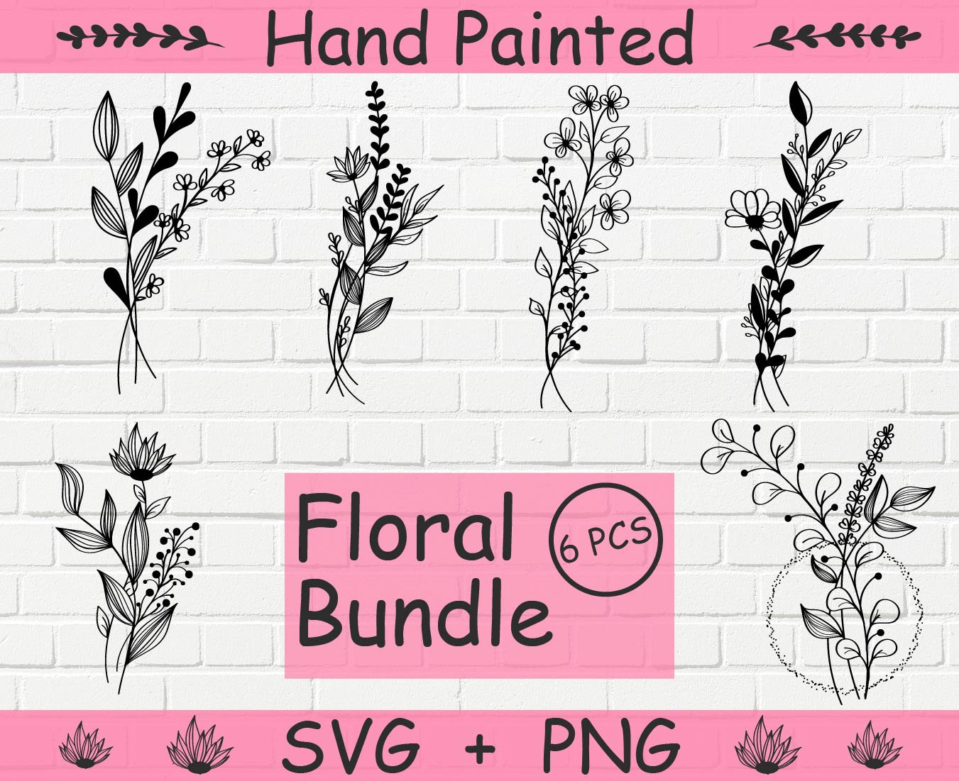 Floral Bundle Svg 6 Hand-drawn Floral Svg Designs Flowers Svg Plants ...