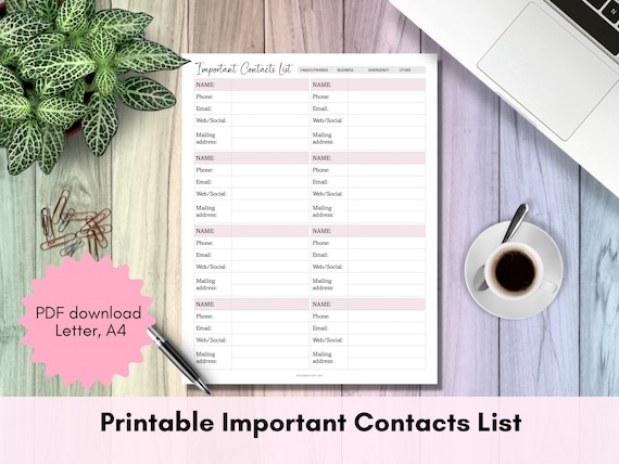 Printable Important Contacts List Track Personal and - Etsy