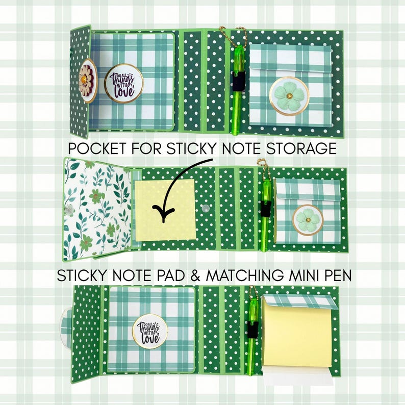 GREEN 3x3 Sticky Note Holder With Mini Pen, Cardstock Refillable ...