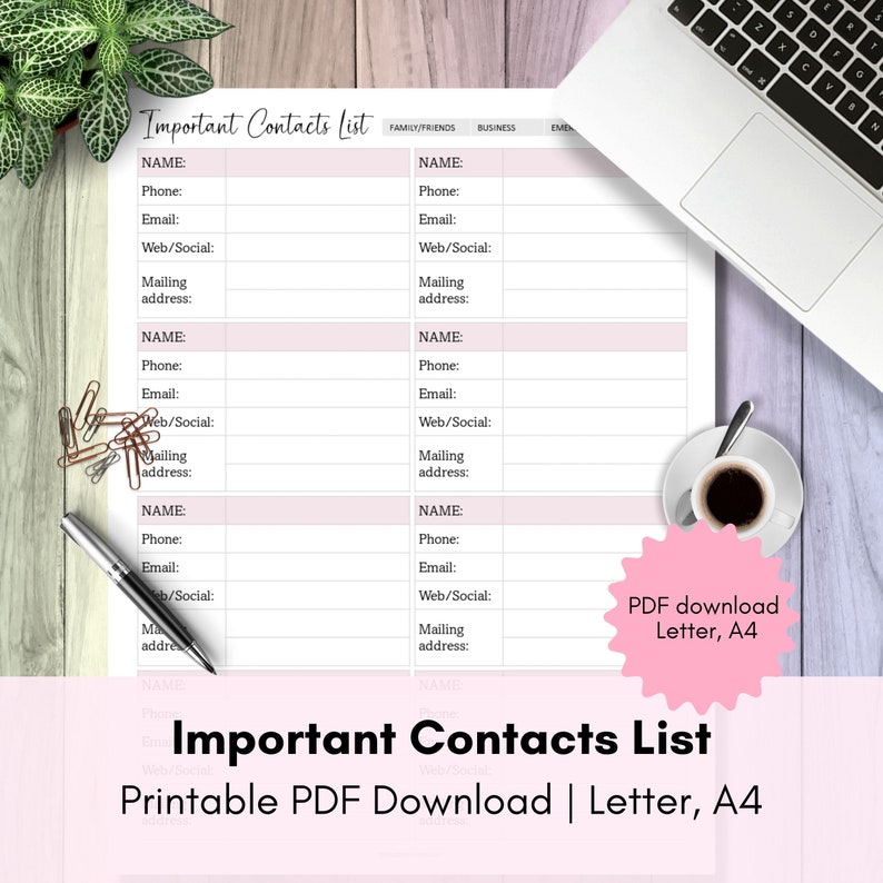 Printable Important Contacts List | Track Personal and Business ...