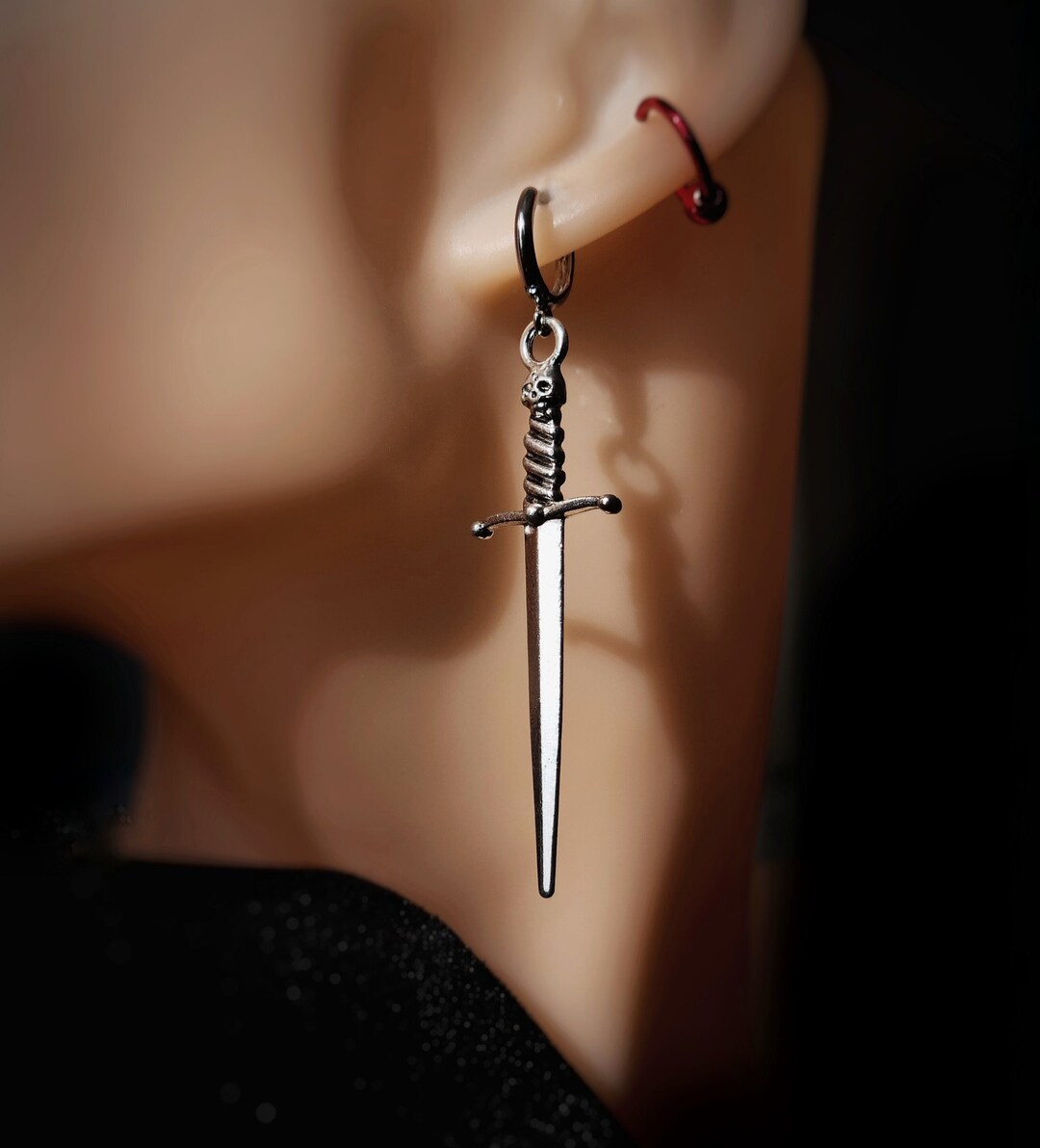 Silver Sword Dagger Earring Dangle Dagger Earring Gothic Earring, Large Sword Earring, Dagger ...