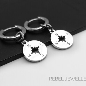 Mens Dangle Drop Compass Hoop Silver Earrings for Men and Women Unique ...