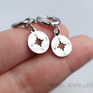 Mens Dangle Drop Compass Hoop Silver Earrings for Men and Women Unique ...