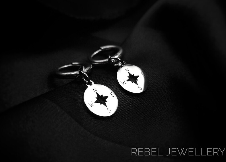 Mens Dangle Drop Compass Hoop Silver Earrings for Men and Women Unique ...
