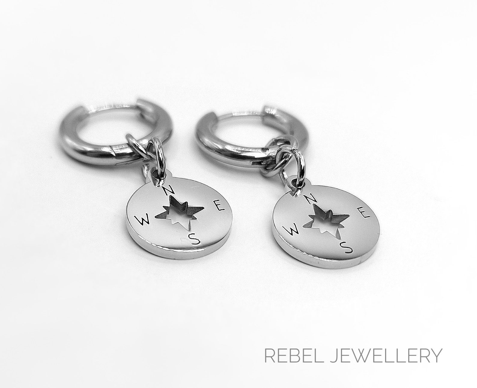 Mens Dangle Drop Compass Hoop Silver Earrings for Men and Women Unique ...