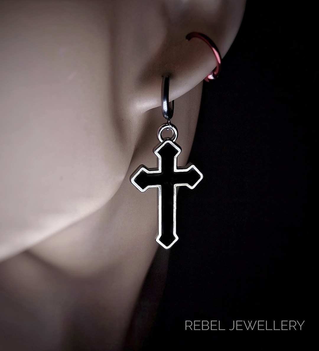 Gothic Cross Earrings, Black Goth Dangle Drop Cross Statement Earrings, Chunky Cross Dark ...