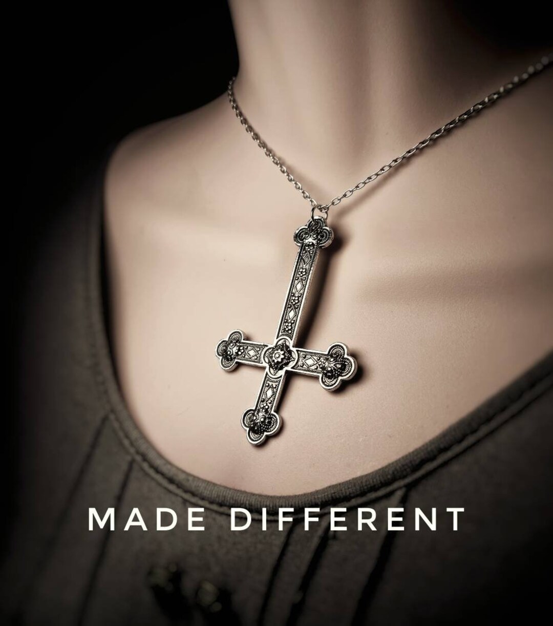 Gothic Upside Down Cross Pendant Necklace Silver Gothic Statement ...