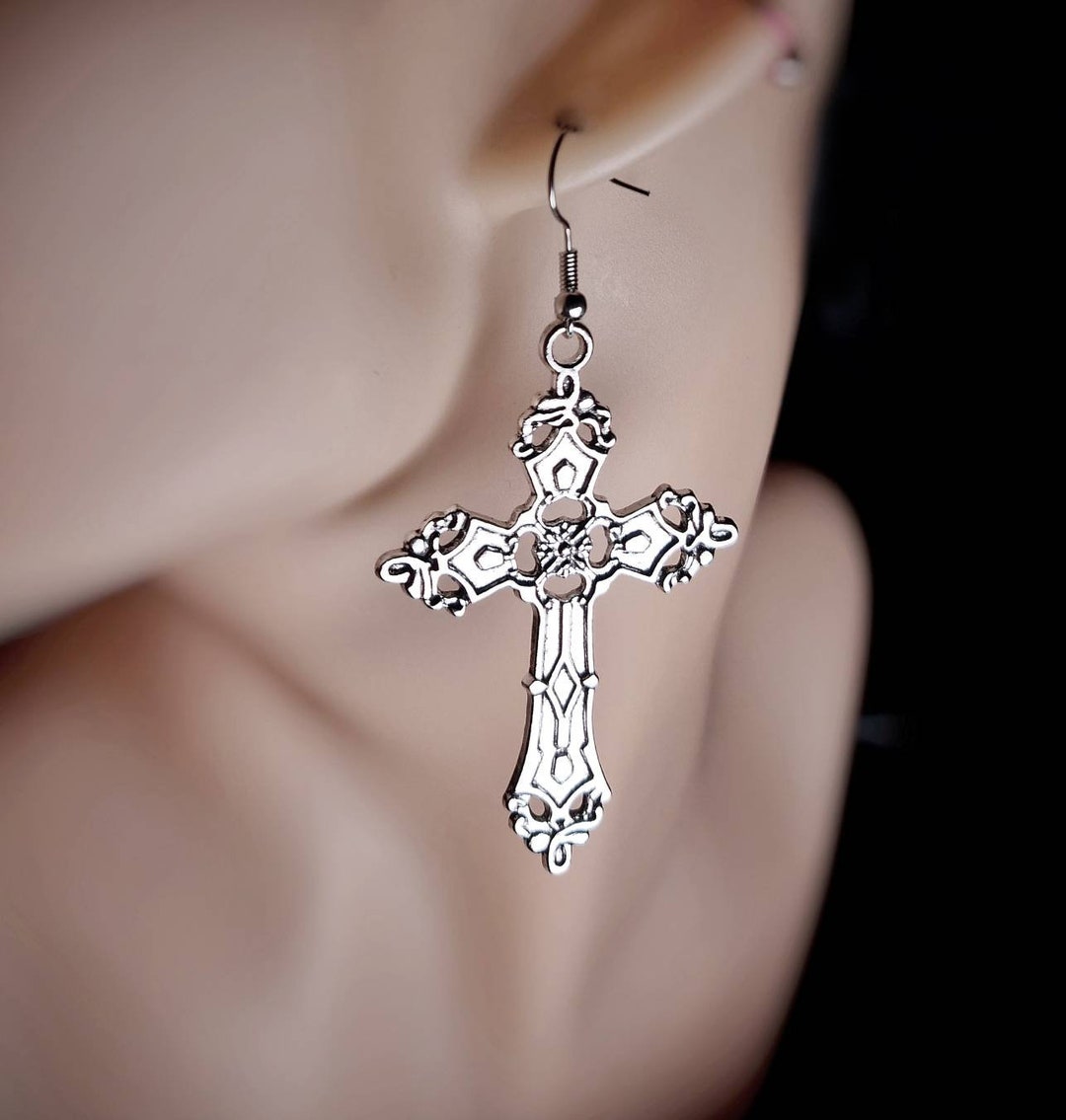 Silver Gothic Cross Earrings for Women and Men,large Statement Cross Dangle Drop Hangings Cross ...