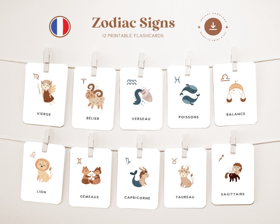 ZODIAC SIGNS • French • Printable Flashcards • Three-part Montessori ...