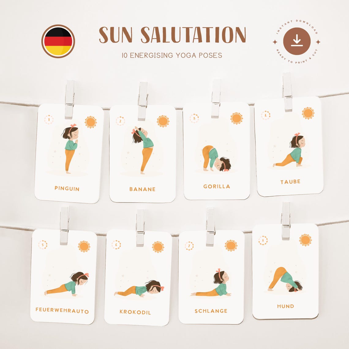 YOGA • Sun Salutation • German • Printable Cards • 10 Poses - Etsy