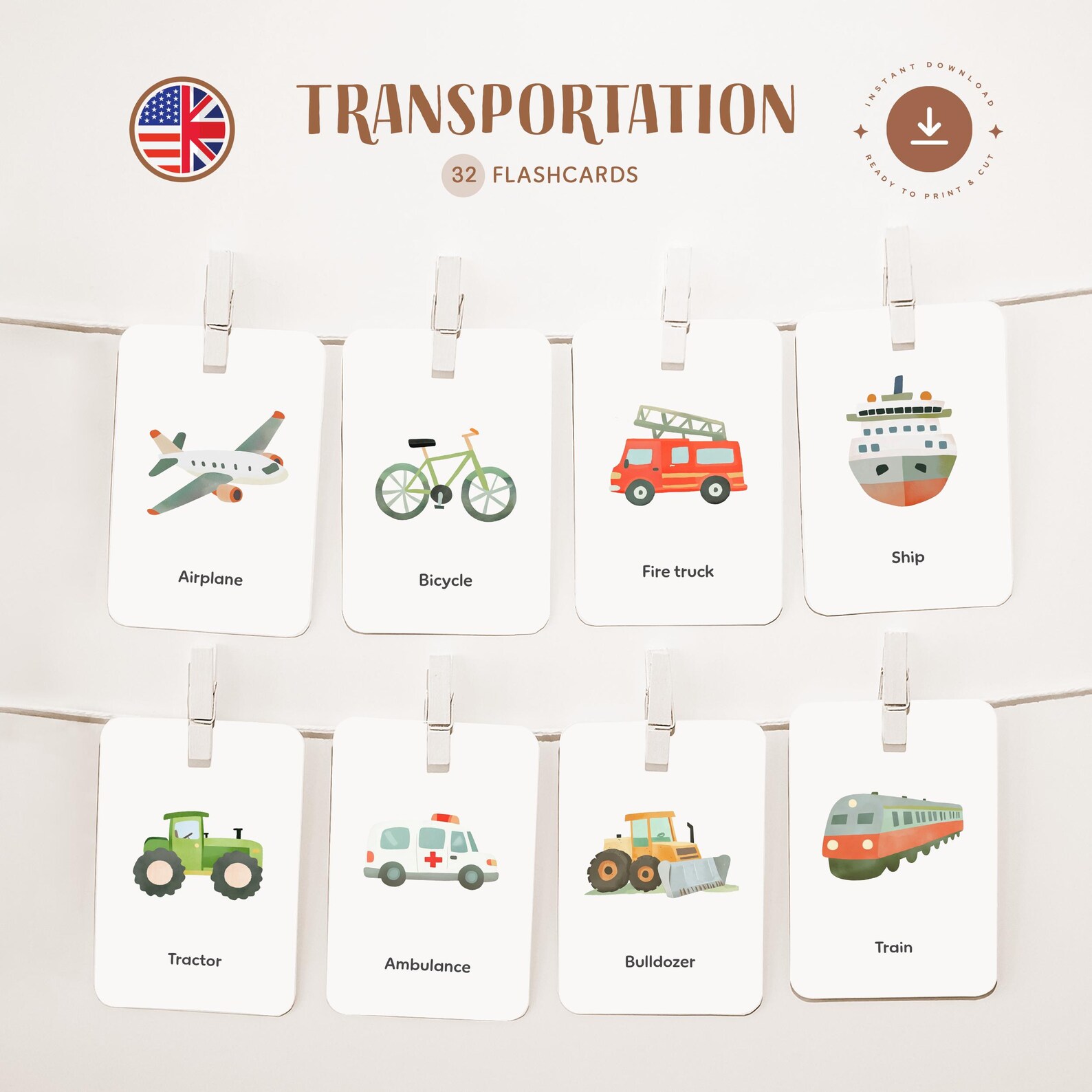 TRANSPORTATION • English • Printable Flashcards • Three-part Montessori ...