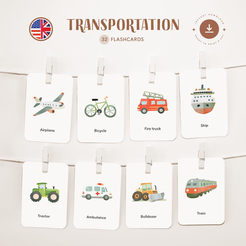 TRANSPORTATION • English • Printable Flashcards • Three-part Montessori ...