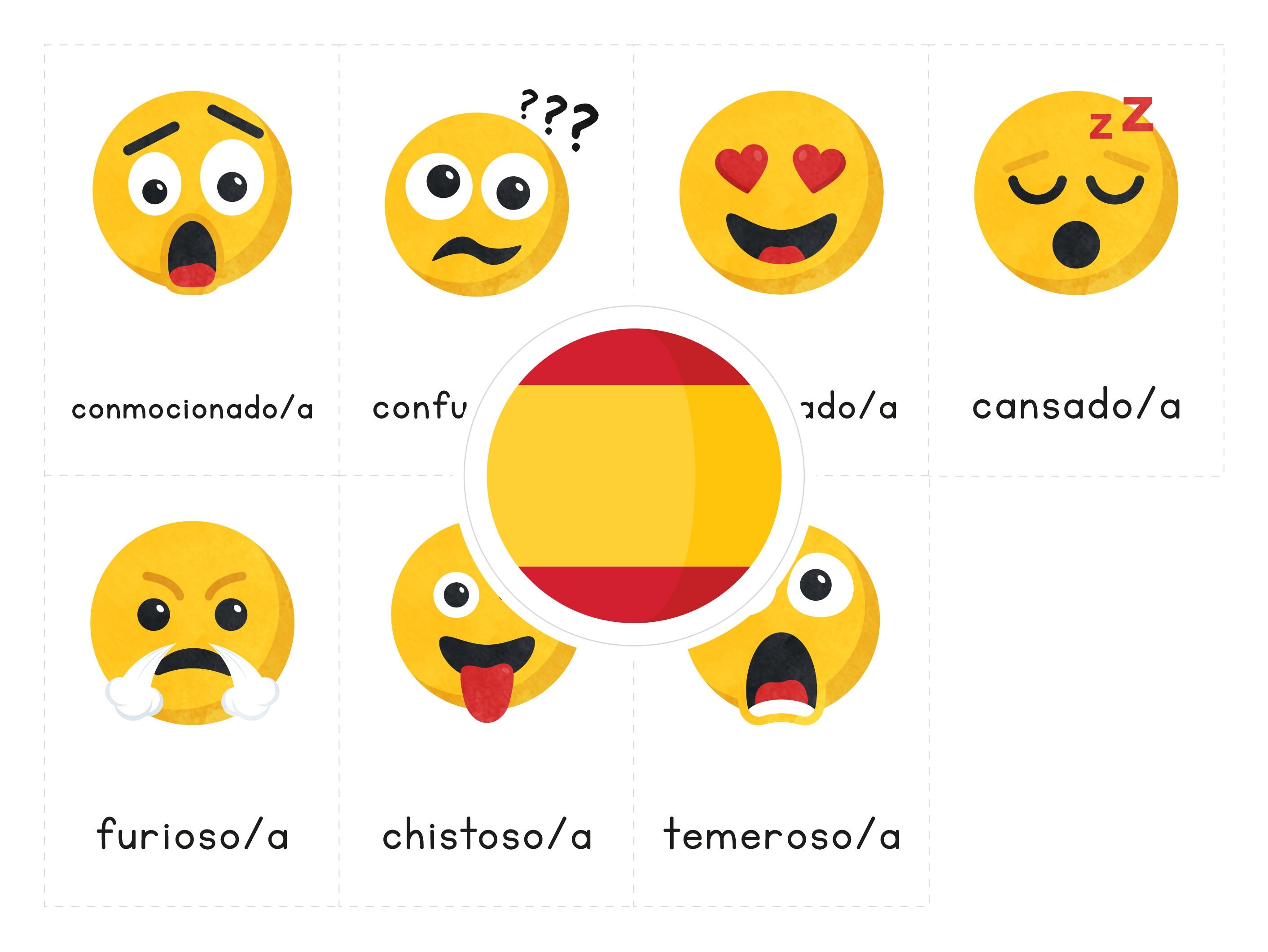 EMOTIONS Spanish Printable Flashcards Three-part - Etsy