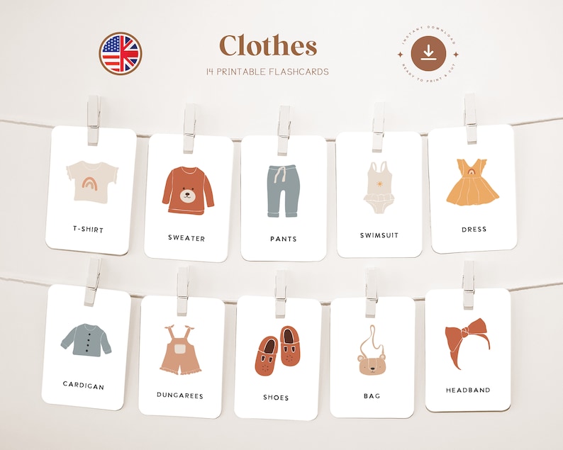CLOTHES • English • Printable Flashcards • Three-part Montessori Cards ...