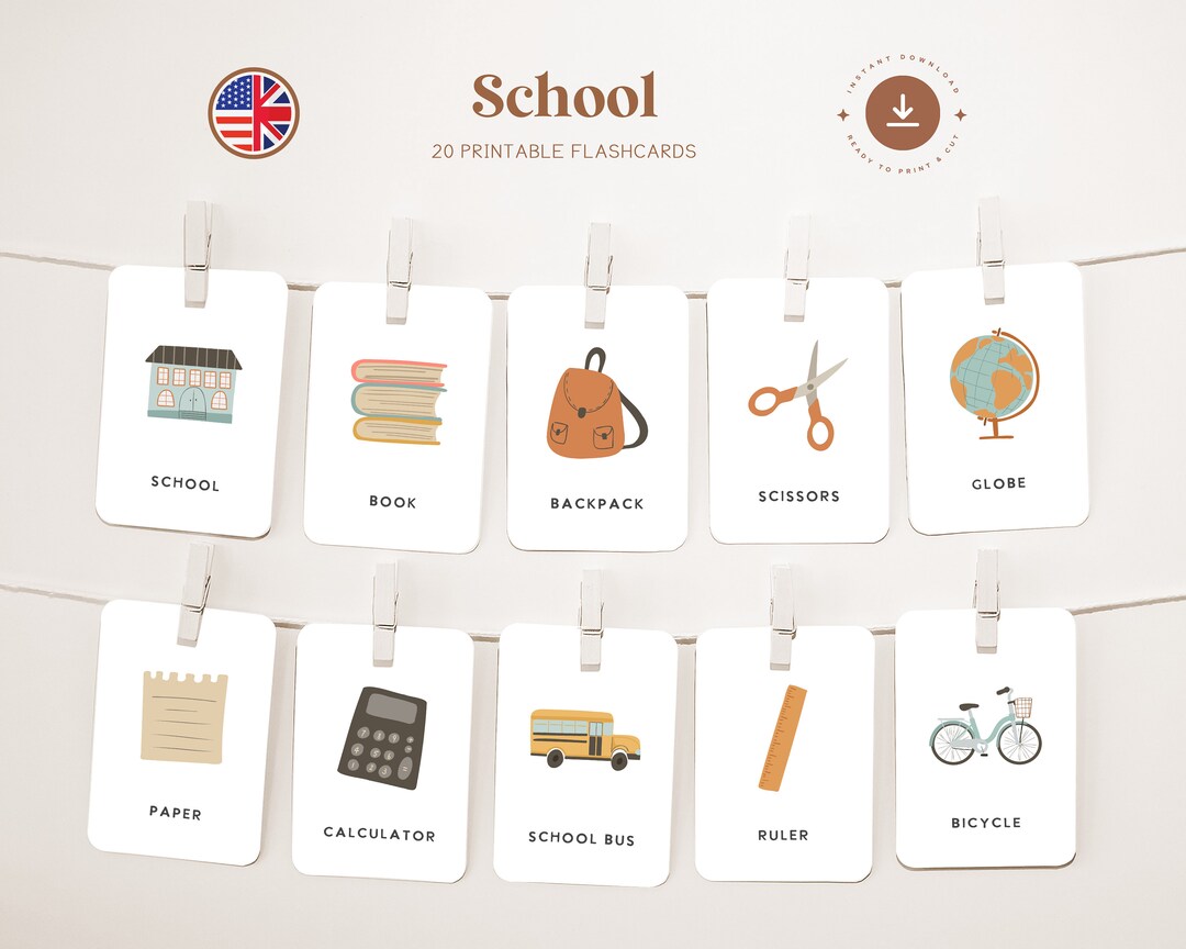 SCHOOL • English • Printable Flashcards • Three-part Montessori Cards ...