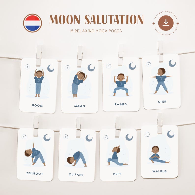YOGA • Moon Salutation • Dutch • Printable Cards • 15 Poses - Etsy