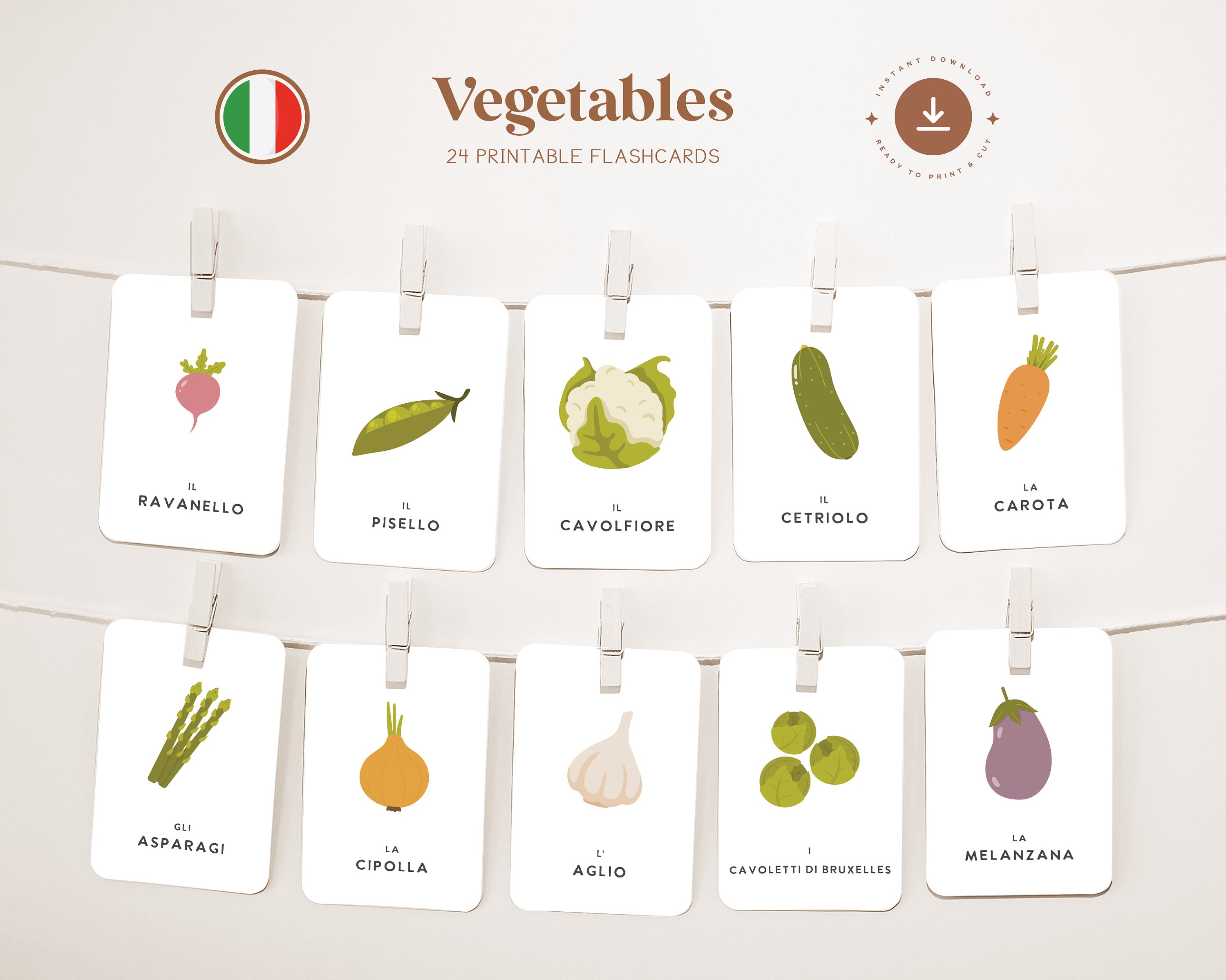 VEGETABLES Italian Printable Flashcards Three-part Montessori Cards ...