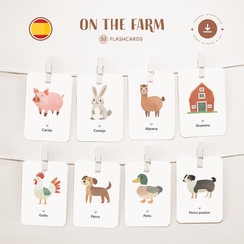 FARM ANIMALS • Spanish • Printable Flashcards • Three-part Montessori ...