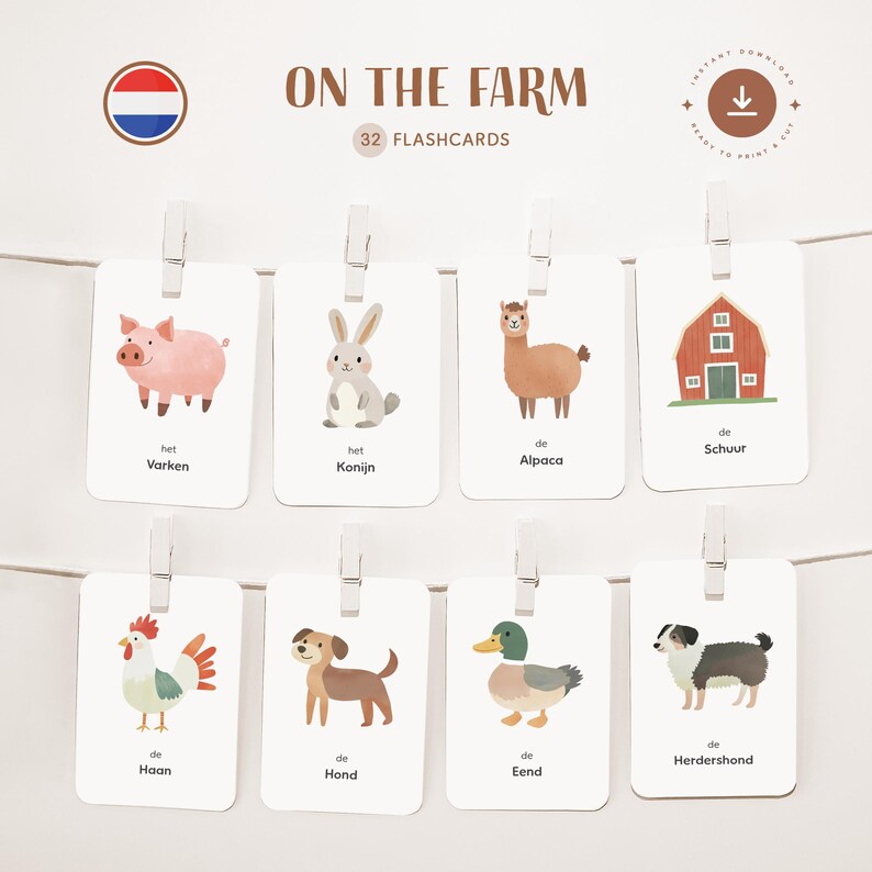 FARM ANIMALS • Dutch • Printable Flashcards • Three-part Montessori ...