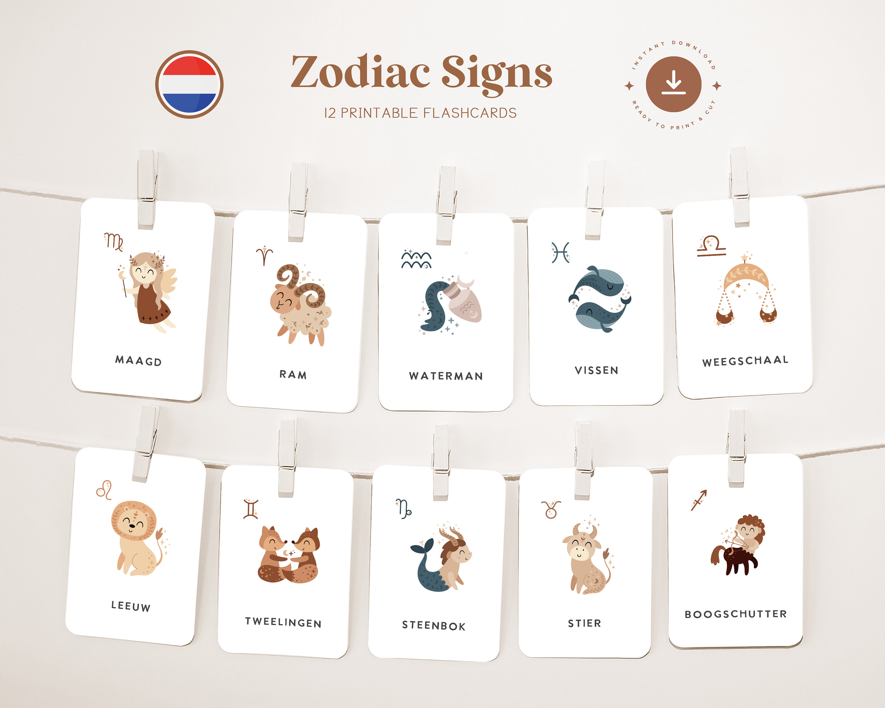 ZODIAC SIGNS • Dutch • Printable Flashcards • Three-part Montessori ...
