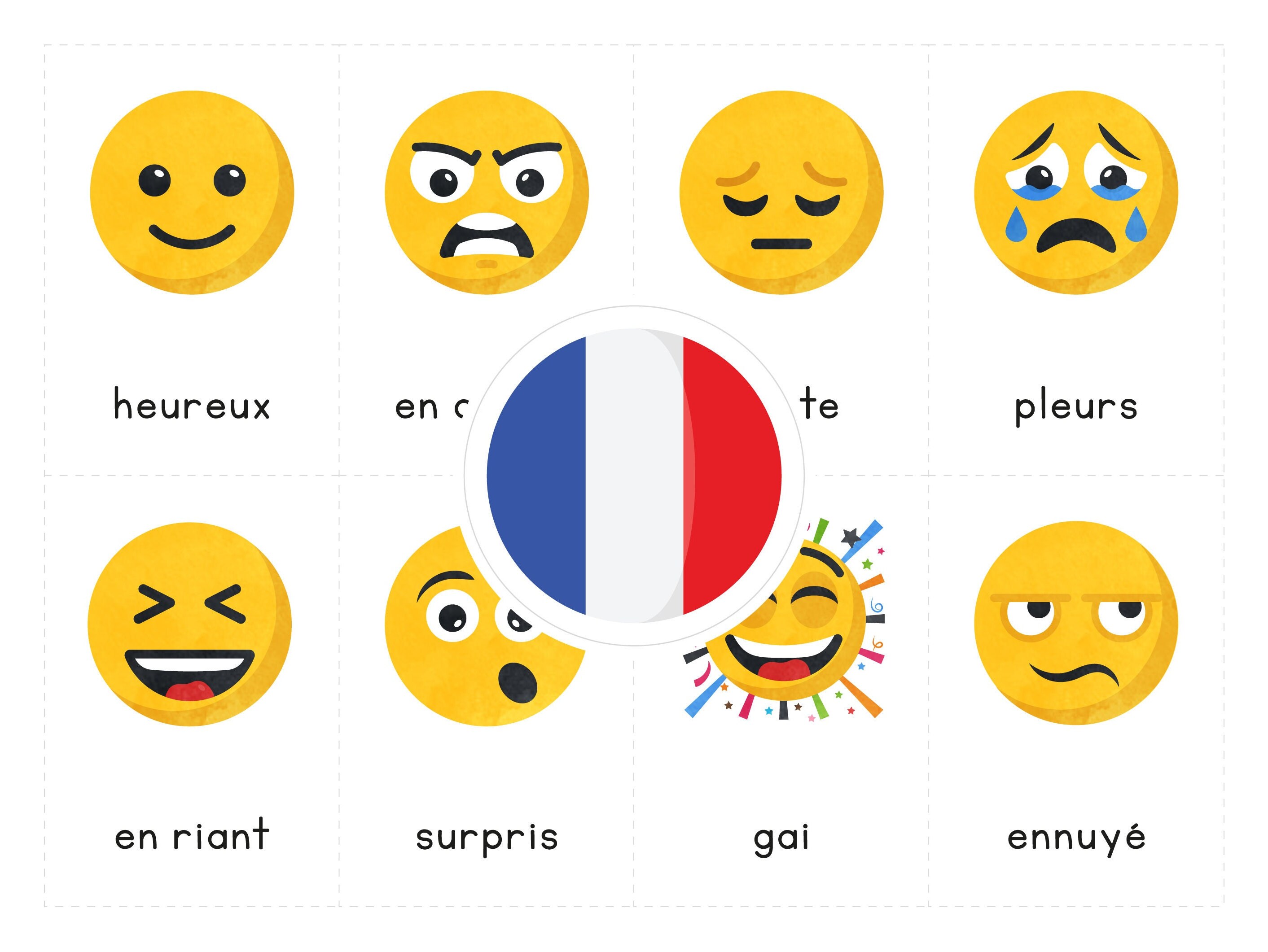 EMOTIONS French Printable Flashcards Three-part - Etsy