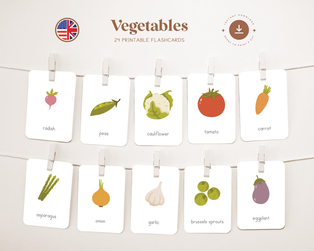 VEGETABLES English Printable Flashcards Three-part Montessori Cards - Etsy