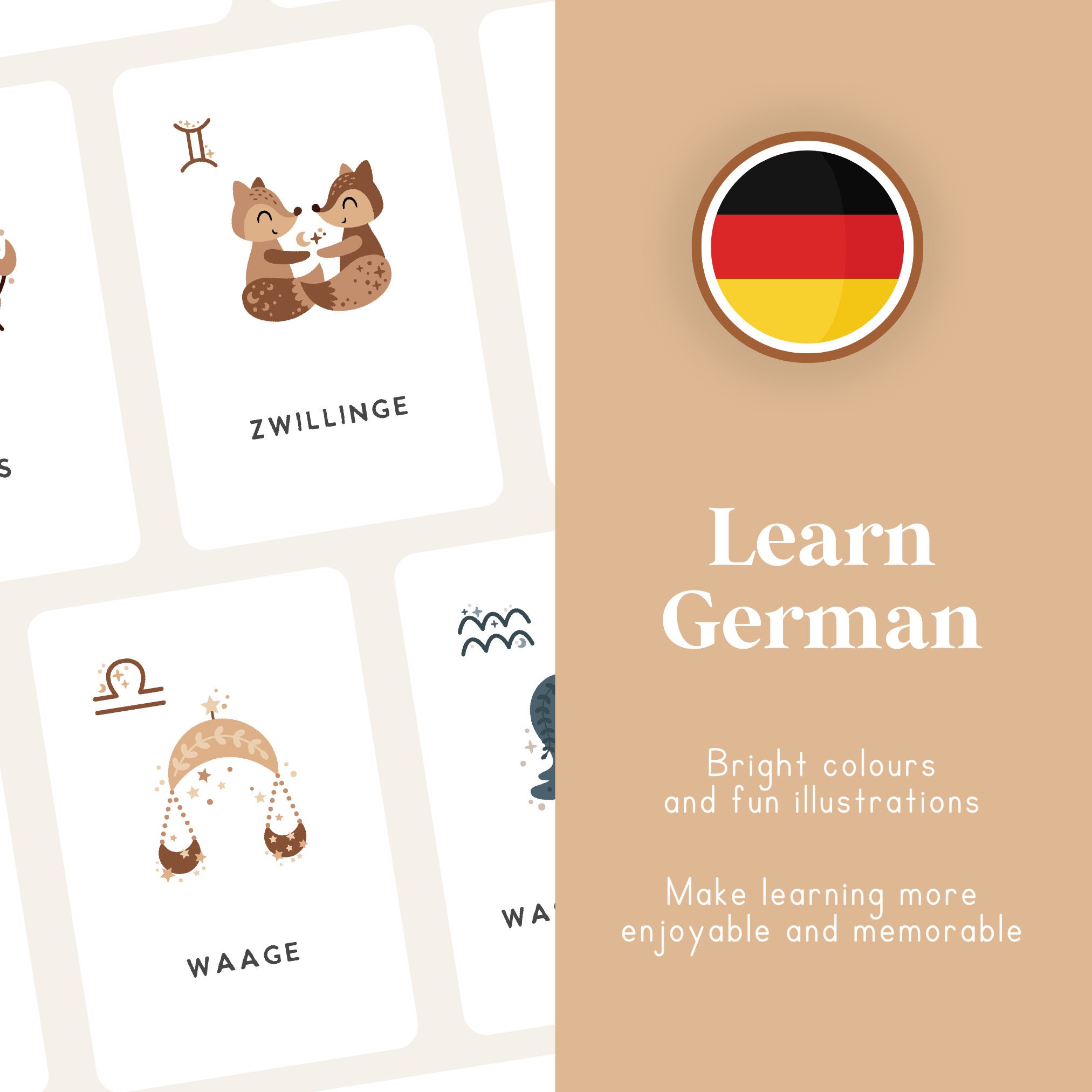 ZODIAC SIGNS German Printable Flashcards Three-part Montessori Cards - Etsy