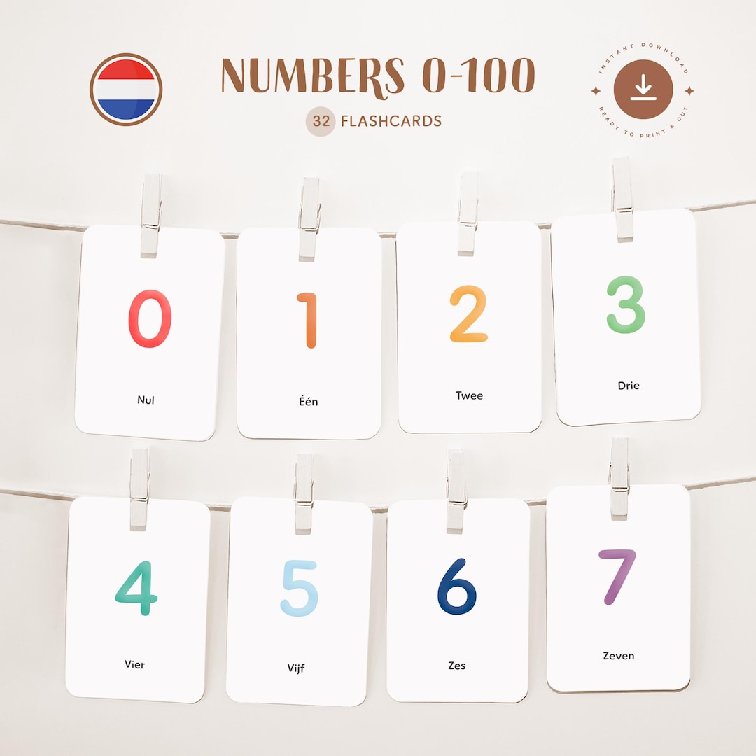 NUMBERS (0-100) • Dutch • Printable Flashcards • Three-part Montessori ...
