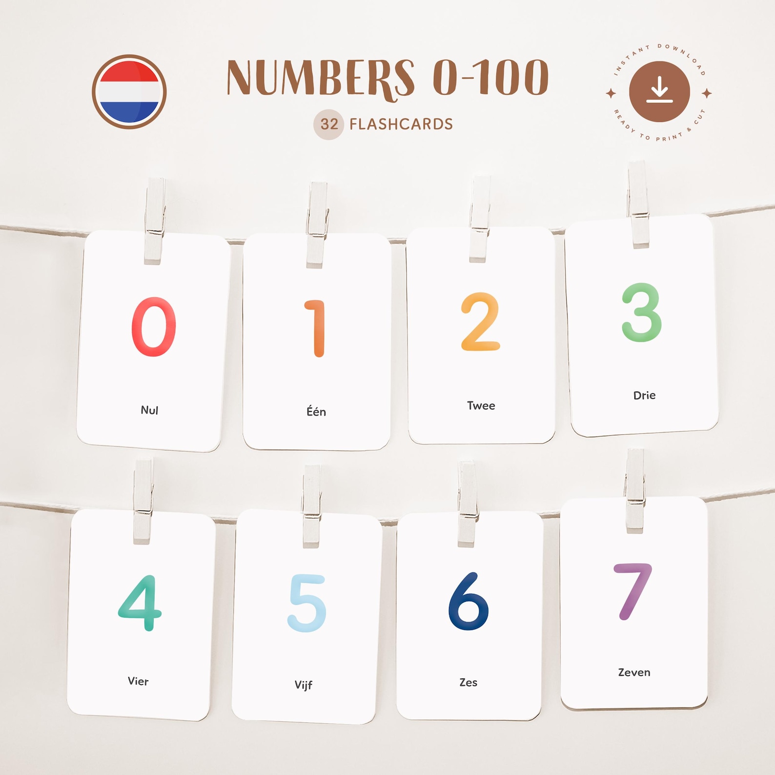 NUMBERS (0-100) • Dutch • Printable Flashcards • Three-part Montessori ...