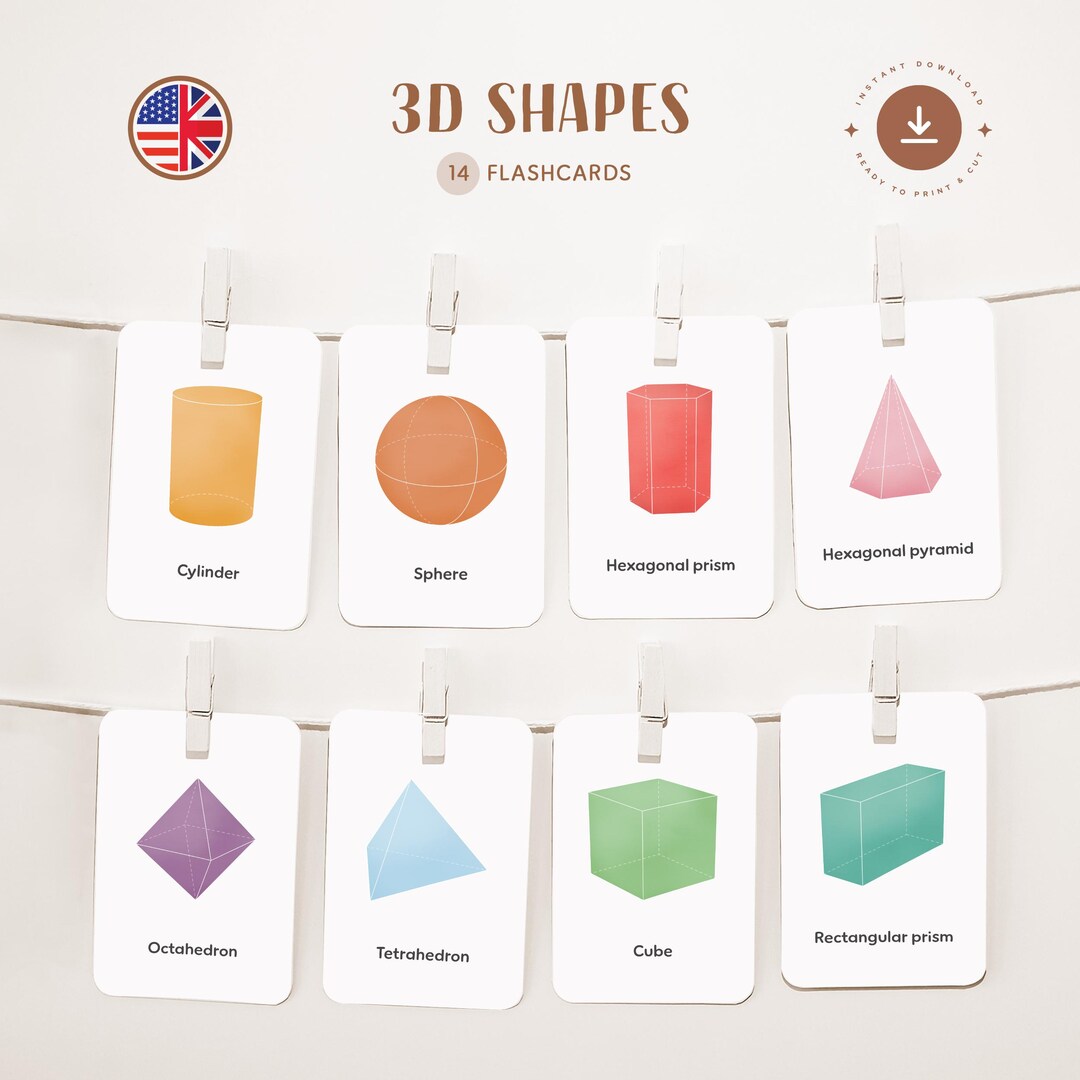 3D SHAPES • English • Printable Flashcards • Three-part Montessori ...