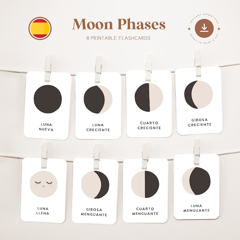 MOON PHASES Spanish Printable Flashcards Three-part Montessori Cards ...