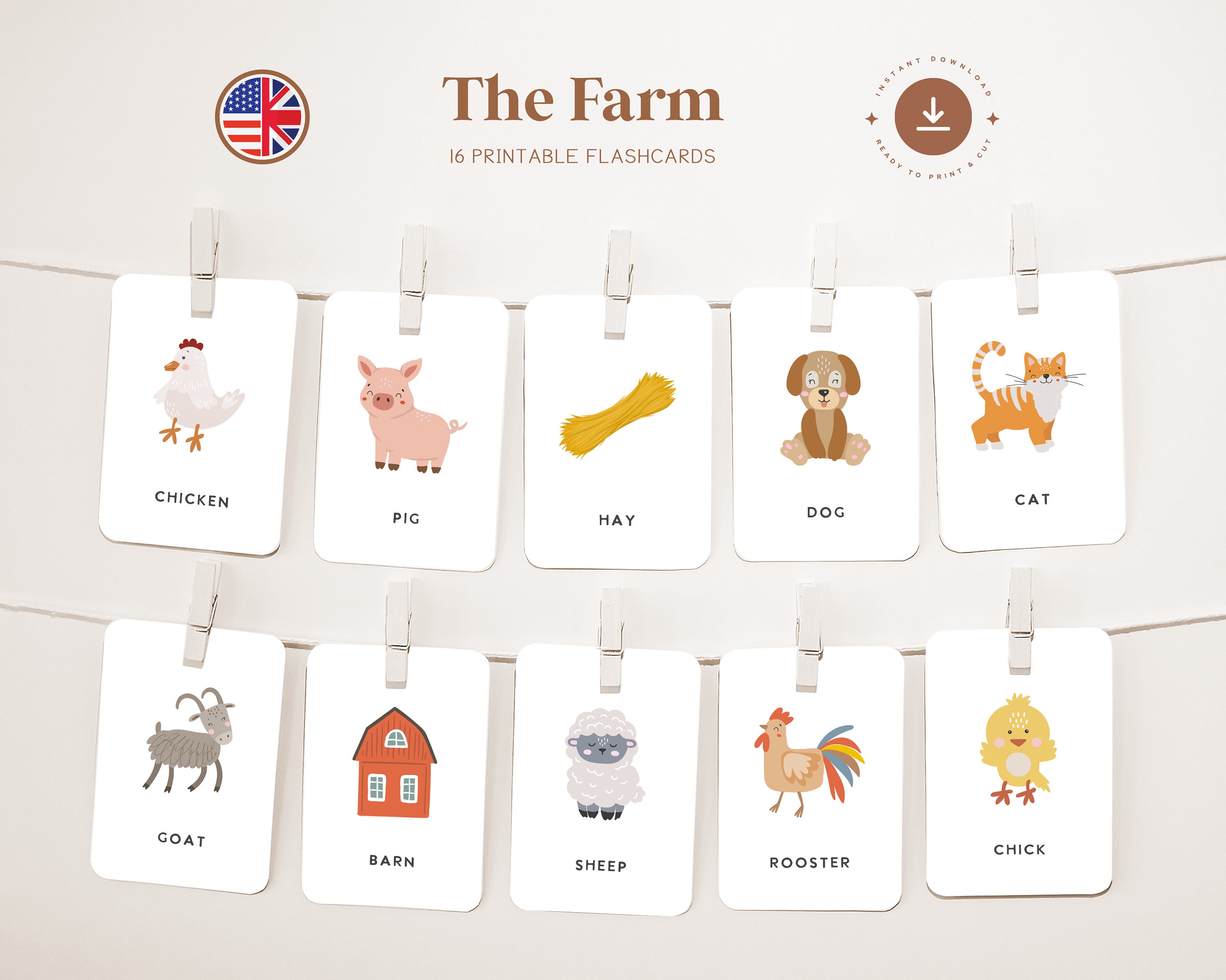 FARM ANIMALS English Printable Flashcards Three-part Montessori Cards ...