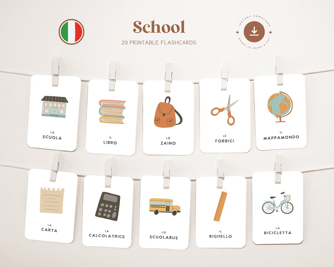 SCHOOL • Italian • Printable Flashcards • Three-part Montessori Cards ...