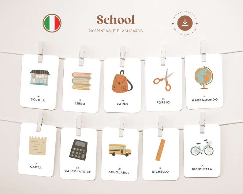 SCHOOL • Italian • Printable Flashcards • Three-part Montessori Cards ...
