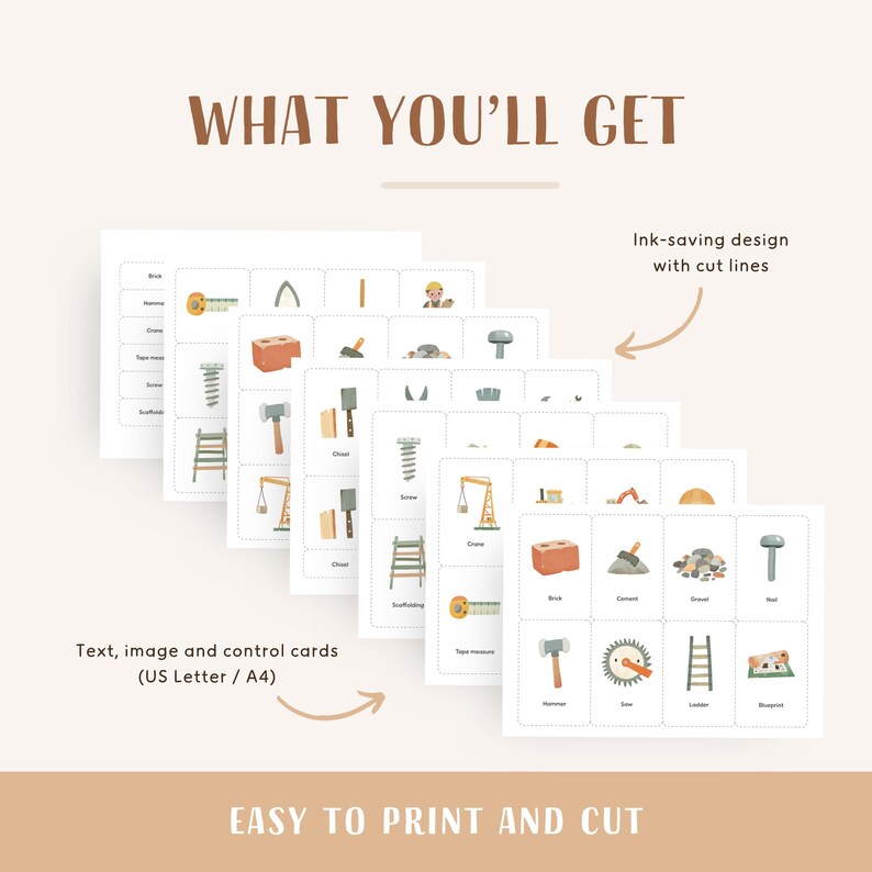 CONSTRUCTION English Printable Flashcards Three-part Montessori Cards ...