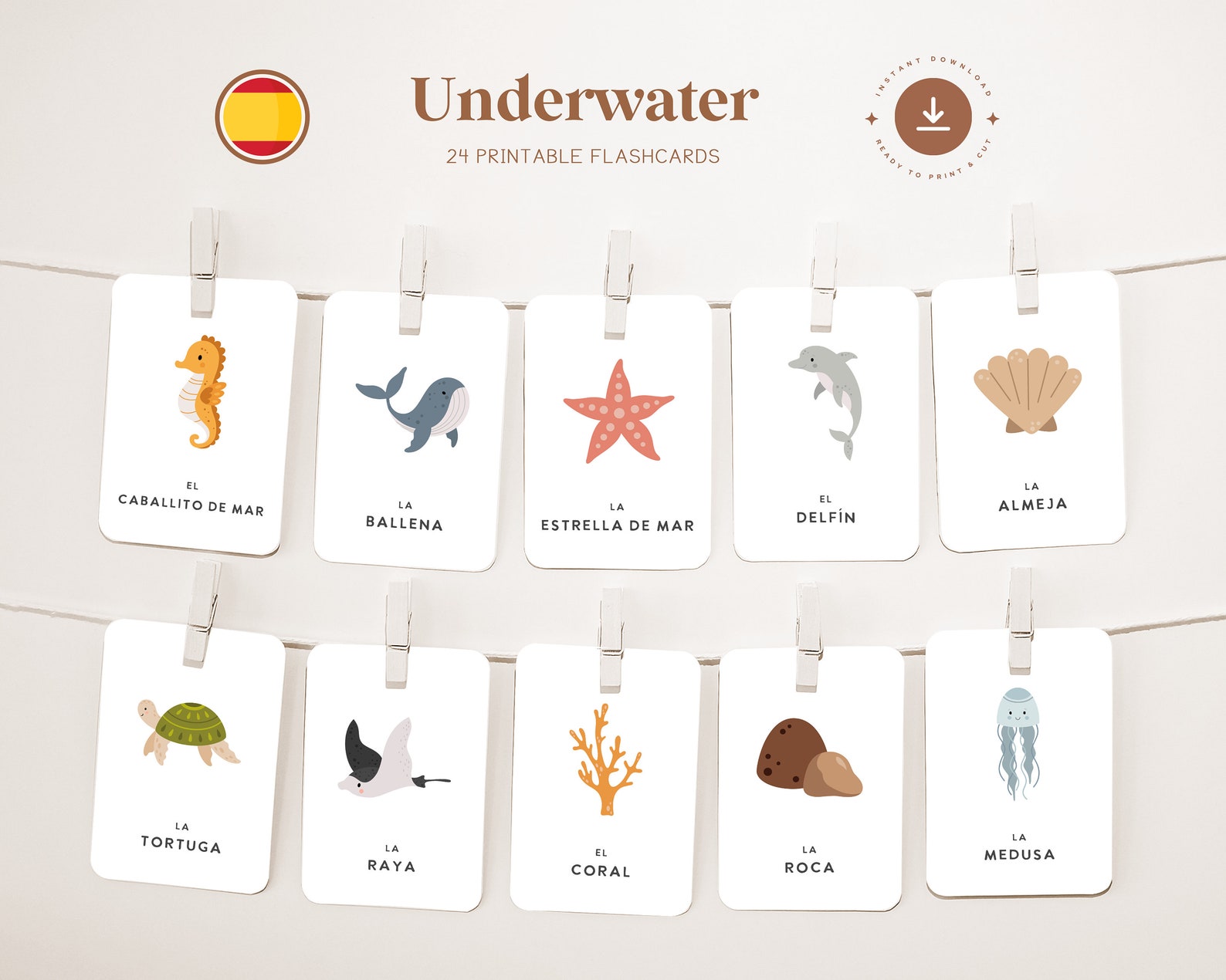 UNDERWATER Spanish Printable Flashcards Three-part Montessori Cards ...