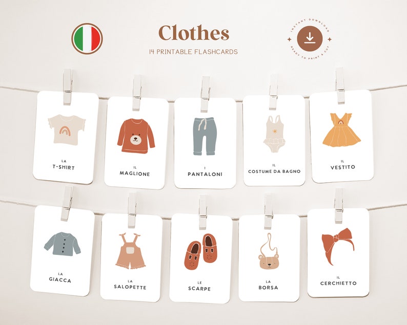 CLOTHES • Italian • Printable Flashcards • Three-part Montessori Cards ...