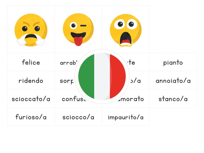 EMOTIONS Italian Printable Flashcards Three-part - Etsy