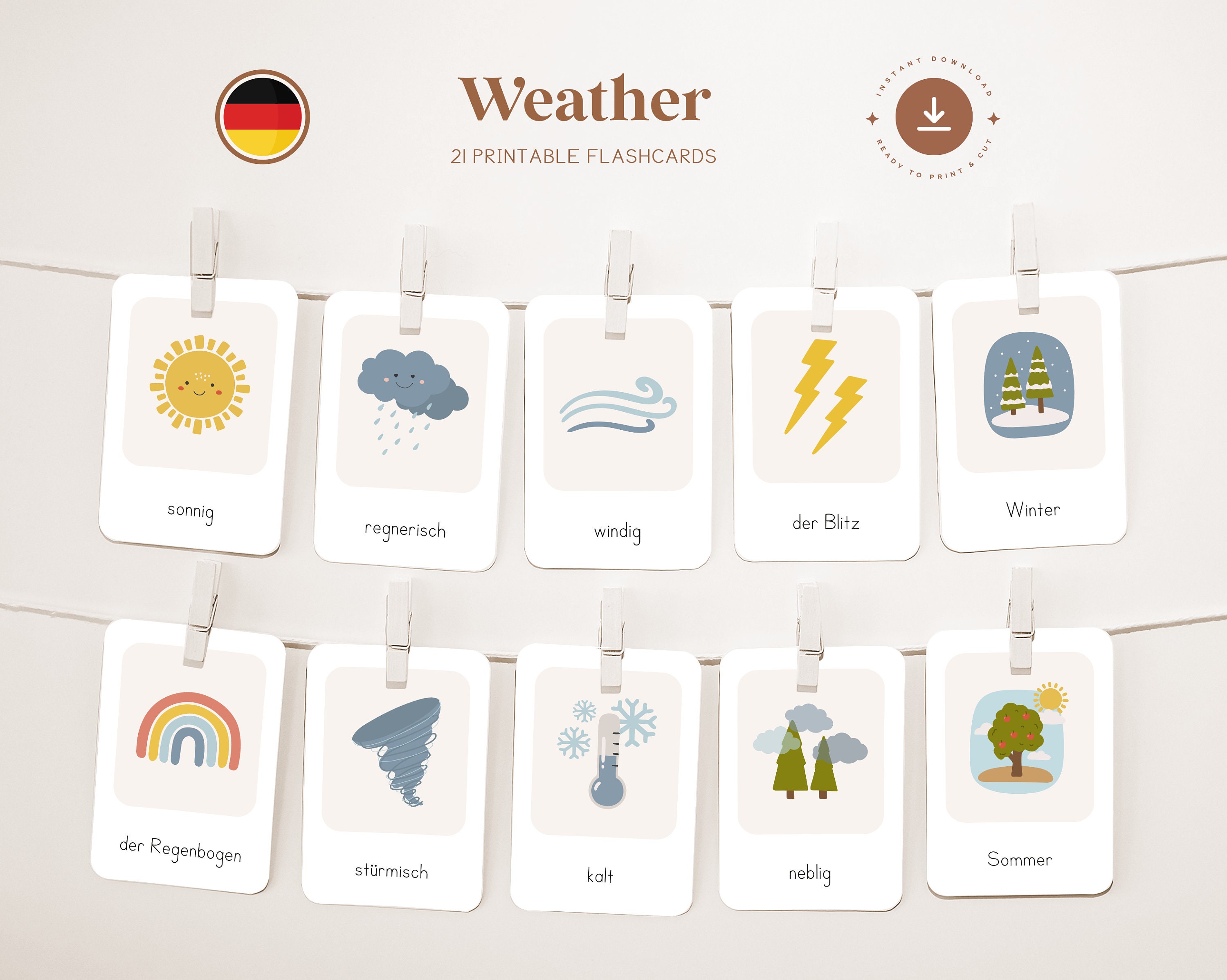 WEATHER German Printable Flashcards Three-part Montessori Cards - Etsy